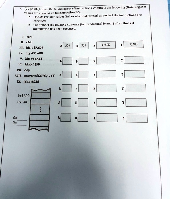 Given the following set of instructions, complete the following (Note, register values are ...