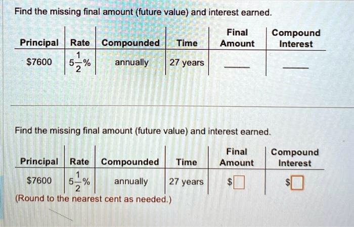 [GET ANSWER] Find the missing final amount (future value) and interest ...