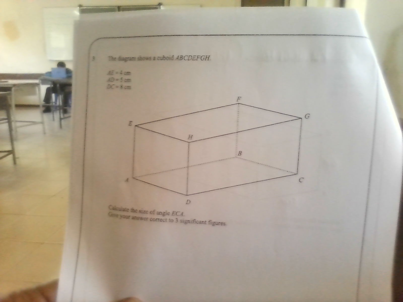 3 The diagram shows a cuboid A B C D E F G H. A F=4 cm A D=5 cm D C=8 cm Caliculate the size of ...