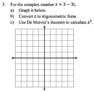 SOLVED: For the complex number 2 = 3 - 3i, Graph it below. Convert to trigonometric form Use De ...