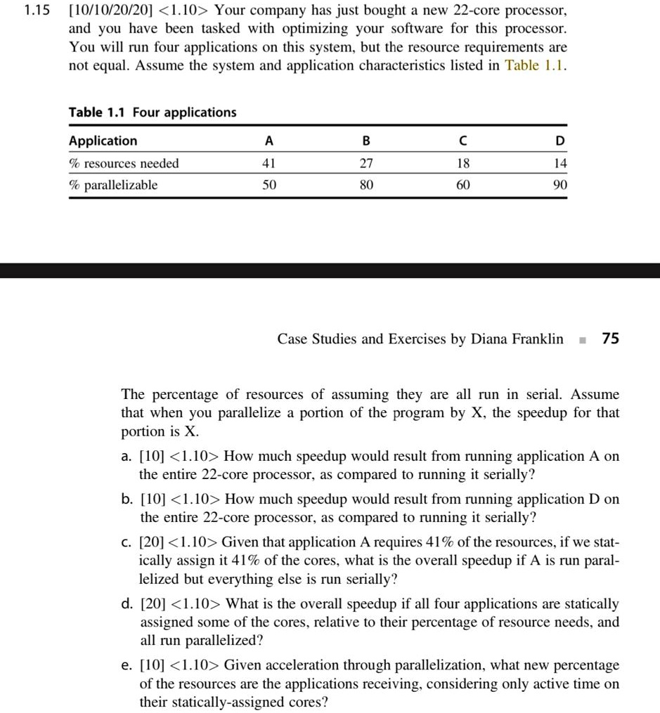 Texts: 1.15 [10/10/20/20] Your company has just bought a new 22-core processor, and you have ...