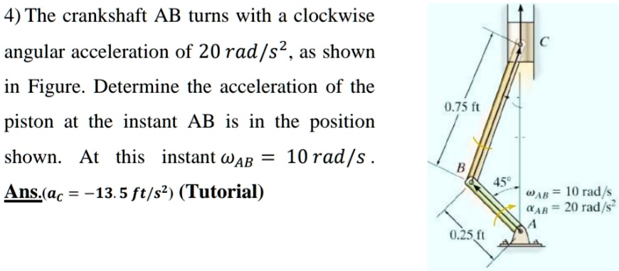 4) The crankshaft AB turns with a clockwise angular acceleration of 20 rad/s², as shown in ...