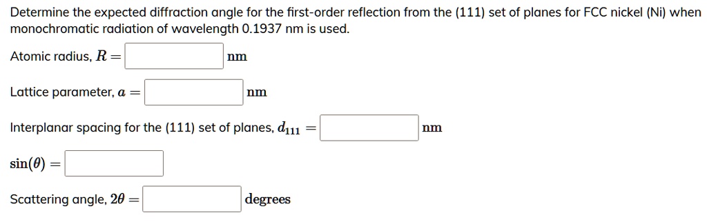 determine the expected diffraction angle for the first order reflection from the 111 set of ...