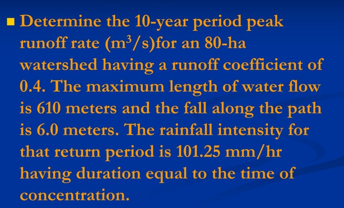 SOLVED: Determine the 10 -year period peak runoff rate (m^3 / s) for an ...