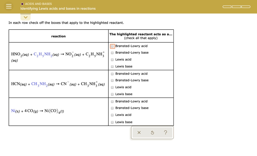 Text: Acids AND BASES Identifying Lewis acids and bases in reactions In each row, check off the ...
