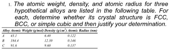 1. The atomic weight, density, and atomic radius for three hypothetical ...