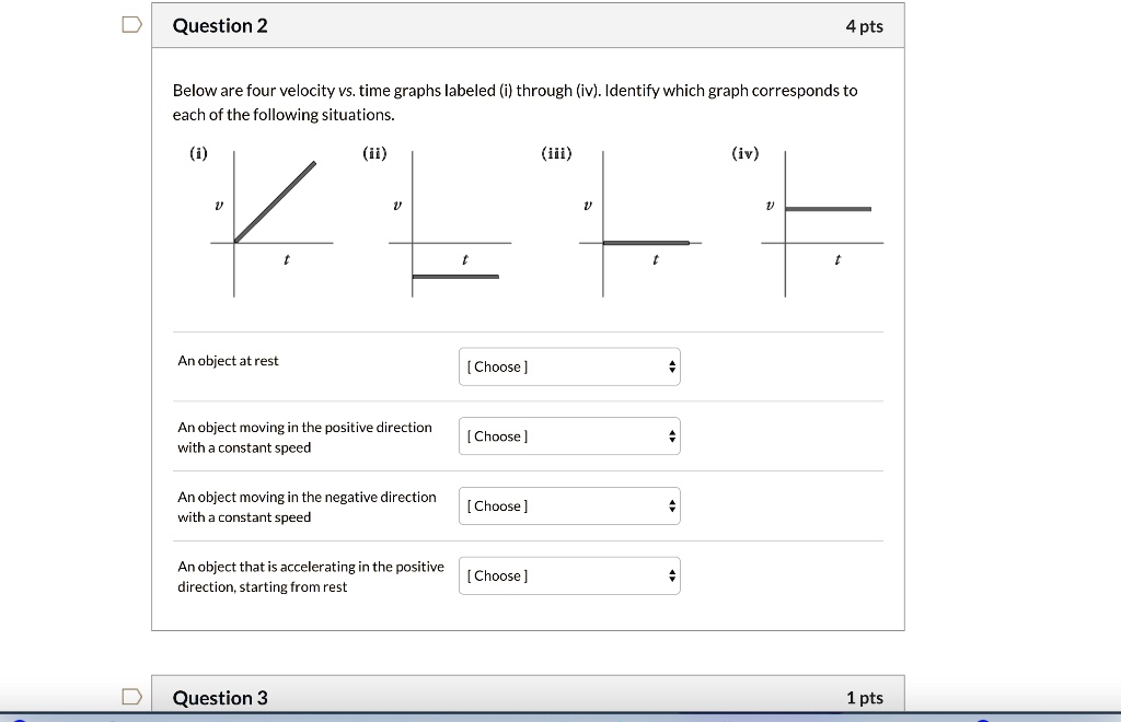 [GET ANSWER] question 2 4 pts below are four velocity vs time graphs labeled i through iv ...