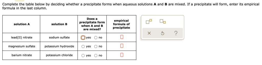 SOLVED: Complete the table below by deciding whether precipitate forms when aqueous solutions ...