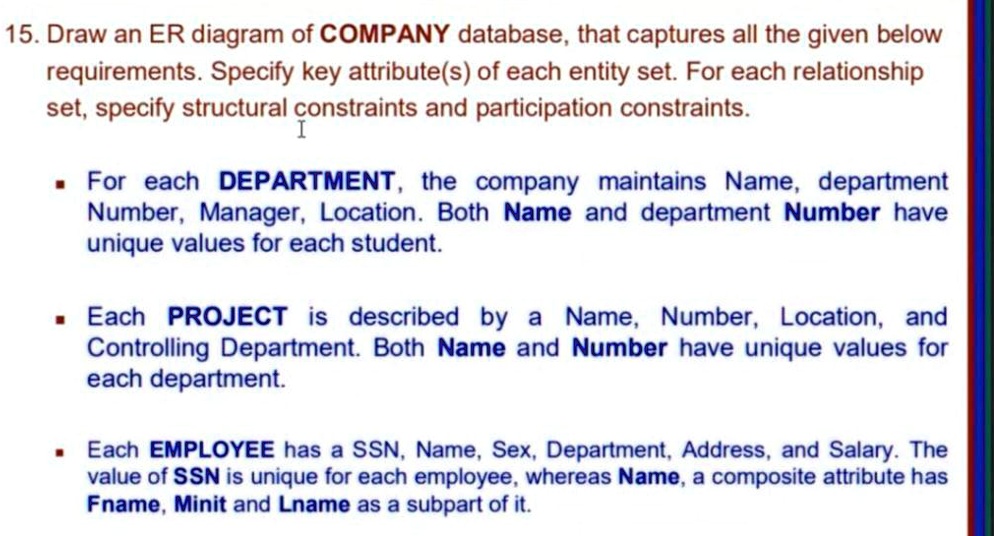 SOLVED: 15. Draw an ER diagram of COMPANY database that captures all ...