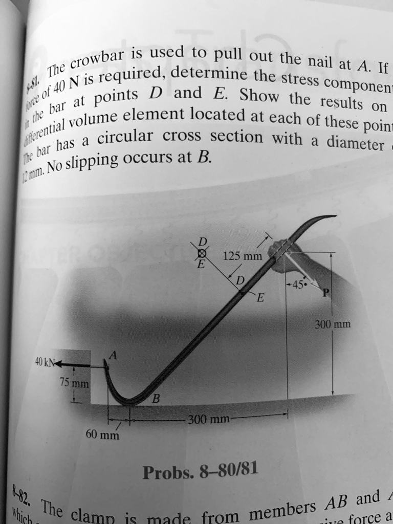 8-81. The crowbar is used to pull out the nail at A. If a force of 40 N ...
