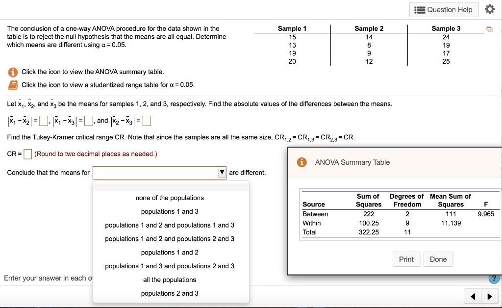 SOLVED: Question Help The conclusion of one-way ANOVA procedure for the ...