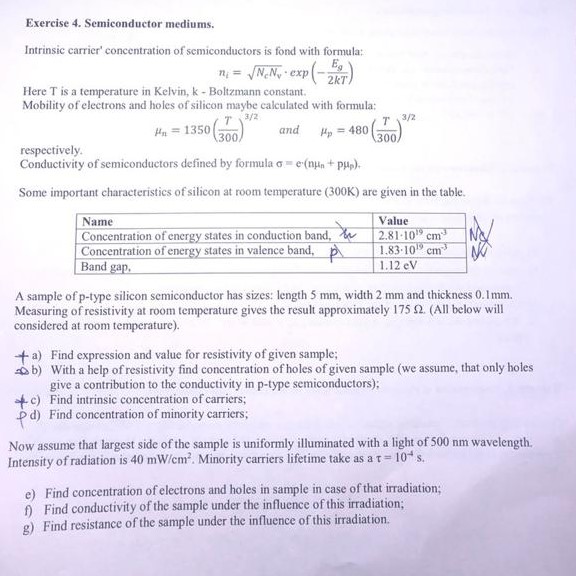 Exercise 4. Semiconductor mediums. Intrinsic carrier' concentration of ...