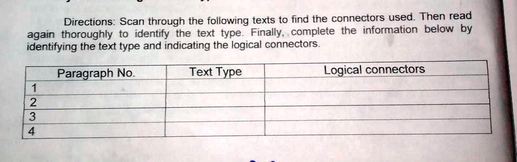 SOLVED: Paragraph No. 1234 Text Type 1234 Logical connectors 1.2.3.4. Scan through the following ...