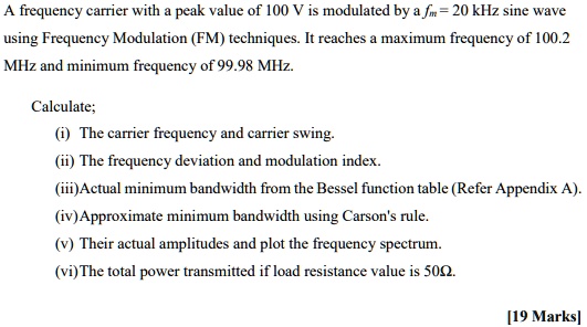 SOLVED: A frequency carrier with a peak value of 100 V is modulated by a fm = 20 kHz sine wave ...