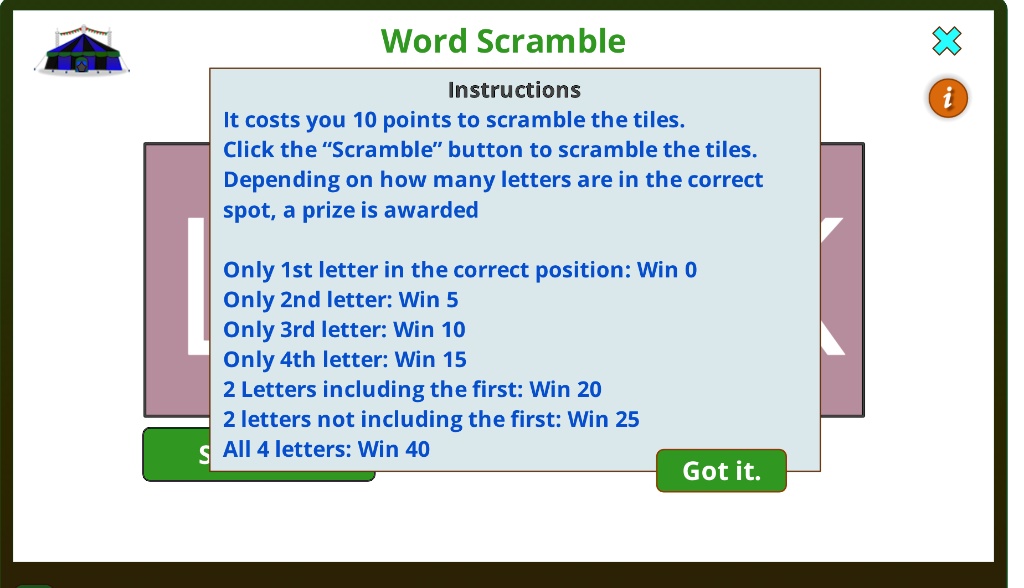 word scramble instructions it costs you 10 points to scramble the tiles ...