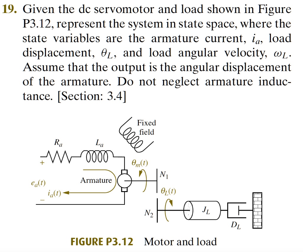 Given the DC servomotor and load shown in Figure P3.12, represent the system in state space ...