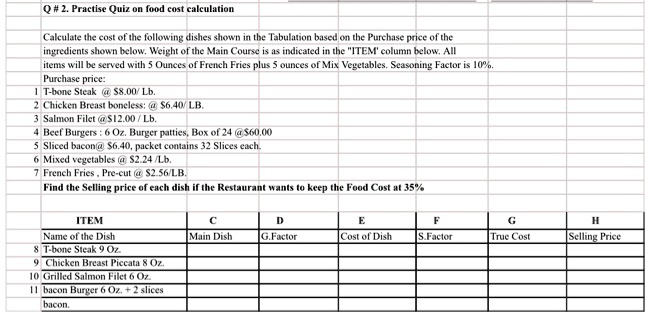 q 2practise quiz on food cost calculation calculate the cost of the ...