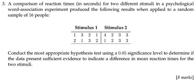 SOLVED: A comparison of reaction times (in seconds) for two different stimuli in psychological ...