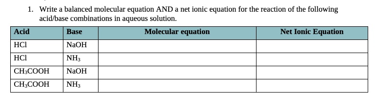 write balanced molecular equation and net ionic equation for the reaction of the following ...