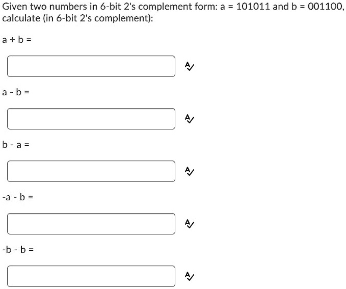SOLVED: Given two numbers in 6-bit 2's complement form: a = 101011 and ... SOLVED: Given two numbers in 6-bit 2's complement form: a = 101011 and ...