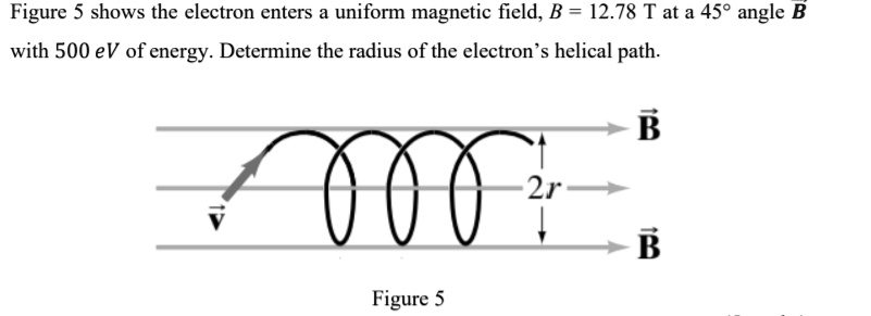 SOLVED: Figure 5 shows the electron enters a uniform magnetic field, B = 12.78 Tat a 459 angle B ...