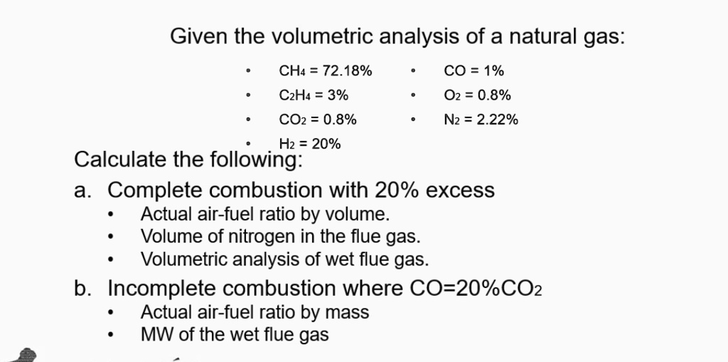 Given the volumetric analysis of a natural gas: • CH4 = 72.18% • CO = 1 ...