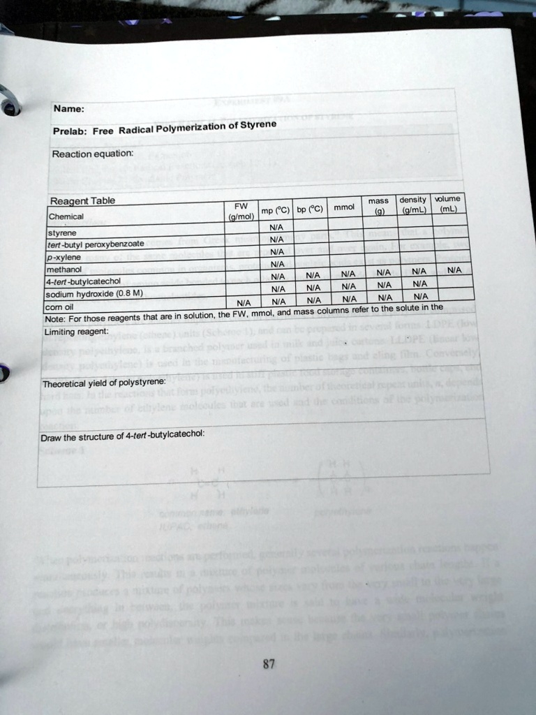 name prelab free radical polymerization of styrene reaction equation ...