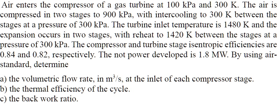 Air enters the compressor of a gas turbine at 100 kPa and 300 K. The ...