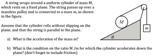 SOLVED: A string wraps around uniform cylinder of mass M; which rests on fixed plane The string ...