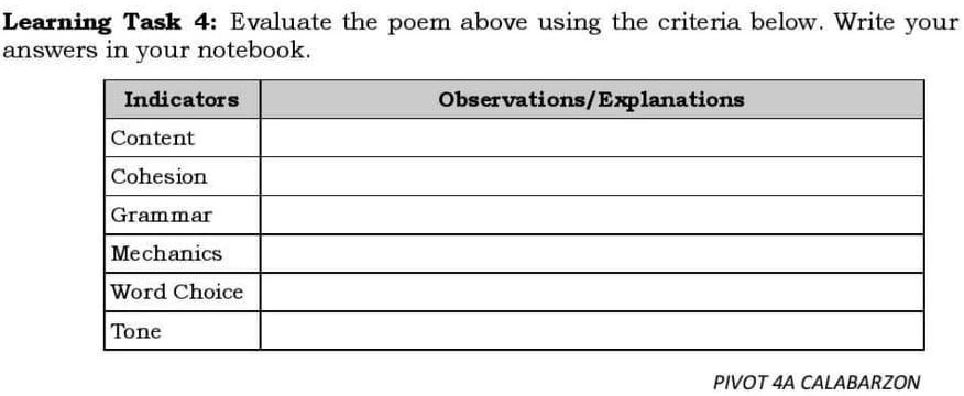 learning task 4 evaluate the poem ballad of a motherss love above using the criteria below ...