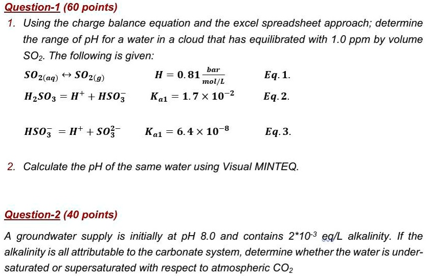 question 1 60 points using the charge balance equation and the excel ...