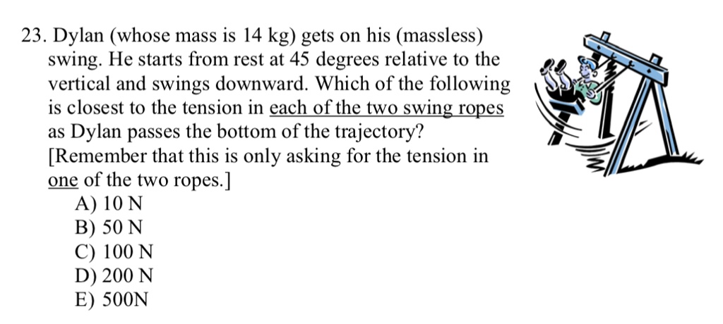 23. Dylan (whose mass is 14 kg) gets on his (massless) swing. He starts ...