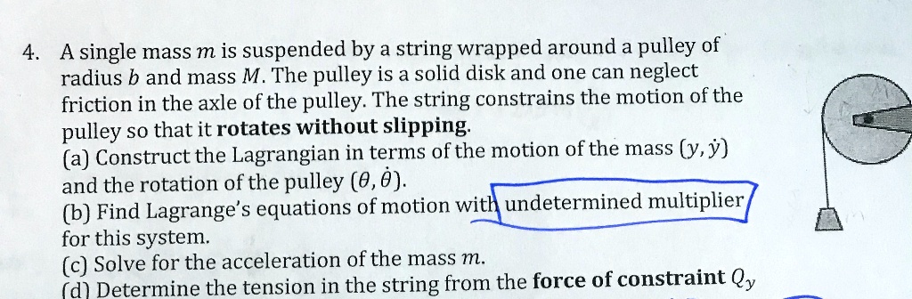 SOLVED: 4. A single mass m is suspended by a string wrapped around a pulley of radius b and mass ...