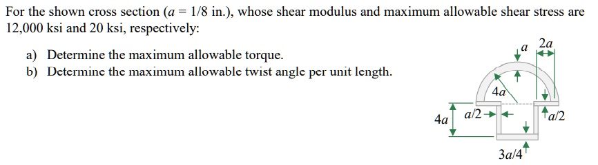 SOLVED: For the shown cross section (a = 1/8 in.), whose shear modulus ...