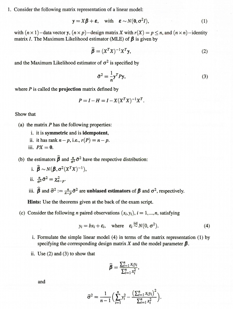 SOLVED: Consider the following matrix representation of linear model: Y ...