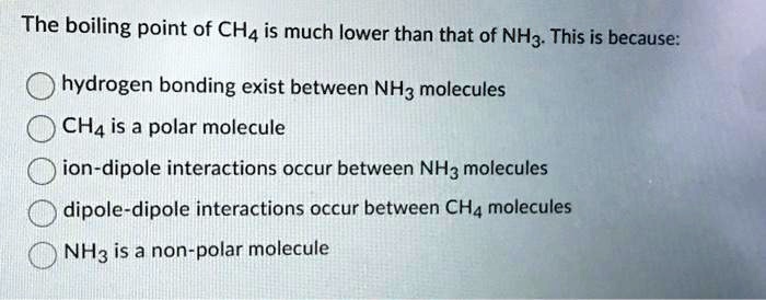 the boiling point of cha is much lower than that of nh3 this is because hydrogen bonding exist ...