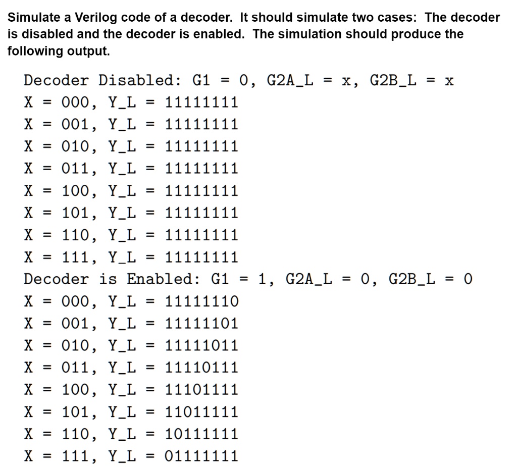 Solved Simulate A Verilog Code Of A Decoder It Should Simulate Two Cases The Decoder Is