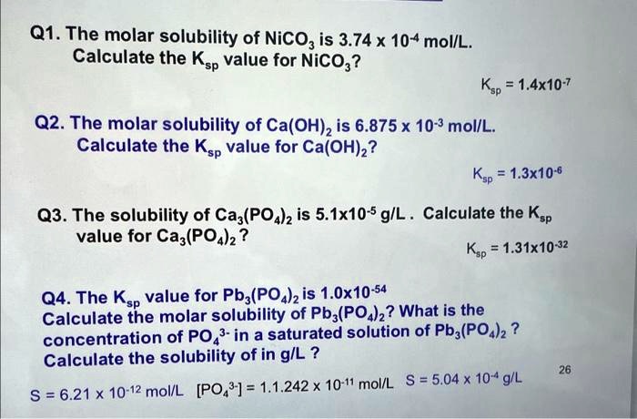 SOLVED: Q1. The molar solubility of NiCO3 is 3.74 x 10^(-10) mol/L. Calculate the Ksp value for ...