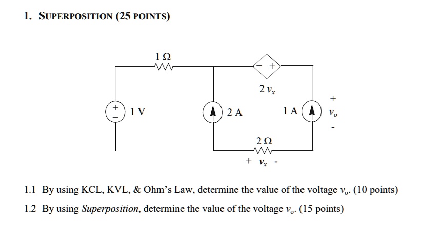 SOLVED: 1. SUPERPOSITION (25 POINTS) 19 WW 2 vx 2 A 20 + 1.1 By using KCL, KVL, Ohm's Law ...