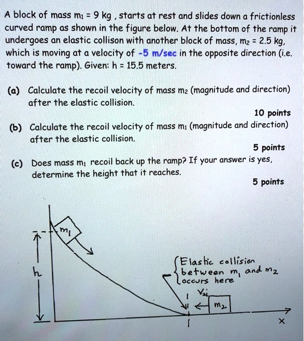 a block of mass mi 9 kg starts at rest and slides down a frictionless curved ramp as shown in ...