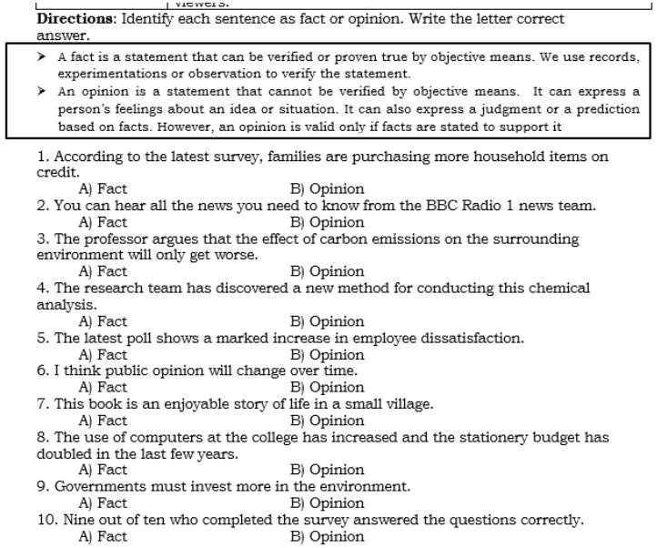 directionsidentify each sentence as fact or opinionwrite the letter ...
