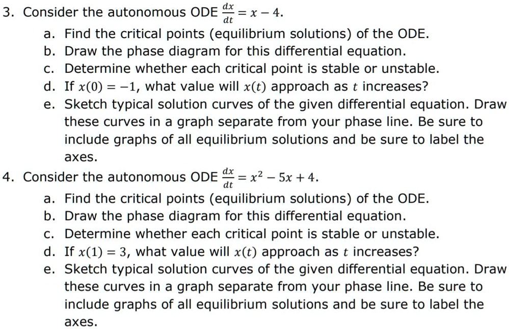 Solved 3 Consider The Autonomous Ode Dx X 4 Dt A Find The Critical Points Equilibrium