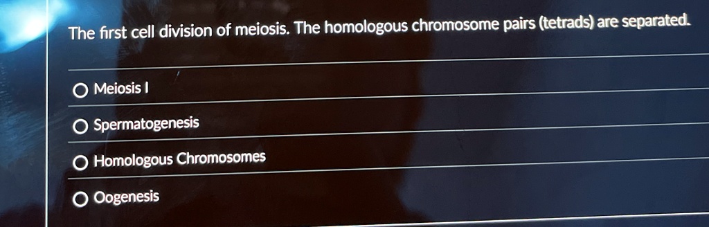 The first cell division of meiosis. The homologous chromosome pairs ...