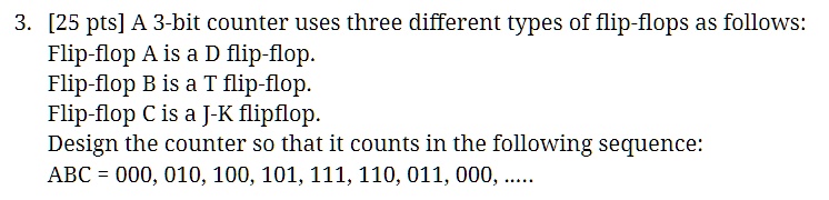 SOLVED: 3. [25 pts] A 3-bit counter uses three different types of flip-flops as follows Flip ...