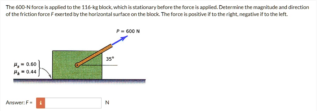 SOLVED: The 600 N force is applied to the 116 kg block, which is stationary before the force is ...
