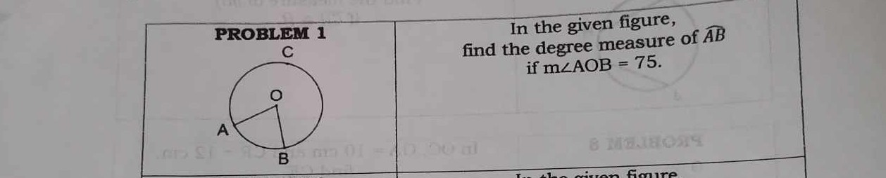 SOLVED: PROBLEM 1 In the given figure, find the degree measure of A B if m∠AOB=75.