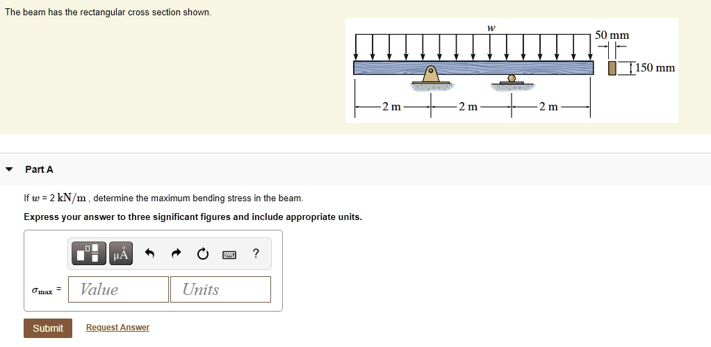 SOLVED: The beam has the rectangular cross section shown 50mm 150mm Part A If w =2 kN/m ...