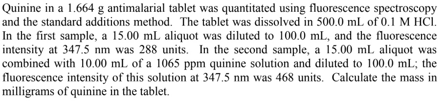 quinine in a 1664 g antimalarial tablet was quantitated using ...