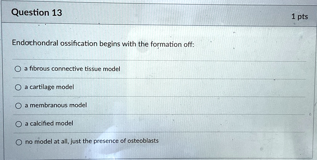 question 13 endochondral ossification begins with the formation off a ...