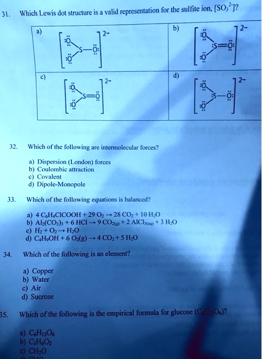 SOLVED: Which Lewis dot structure is a valid representation for the ...